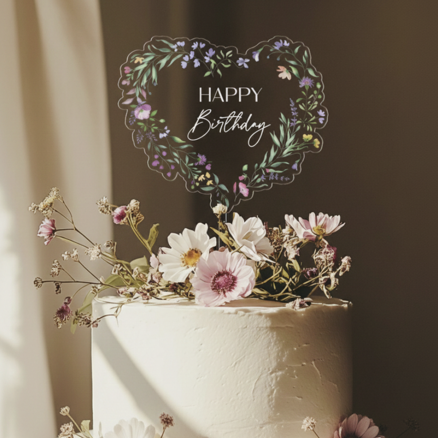 Heart-shaped Floral Happy Birthday Cake Topper | Colorful Flower Desig ...