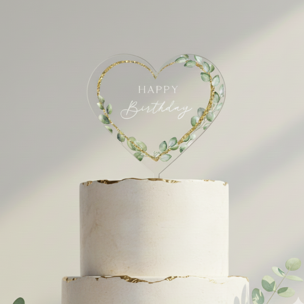 Heart-shaped Floral Happy Birthday Cake Topper | Green Flower Design ...