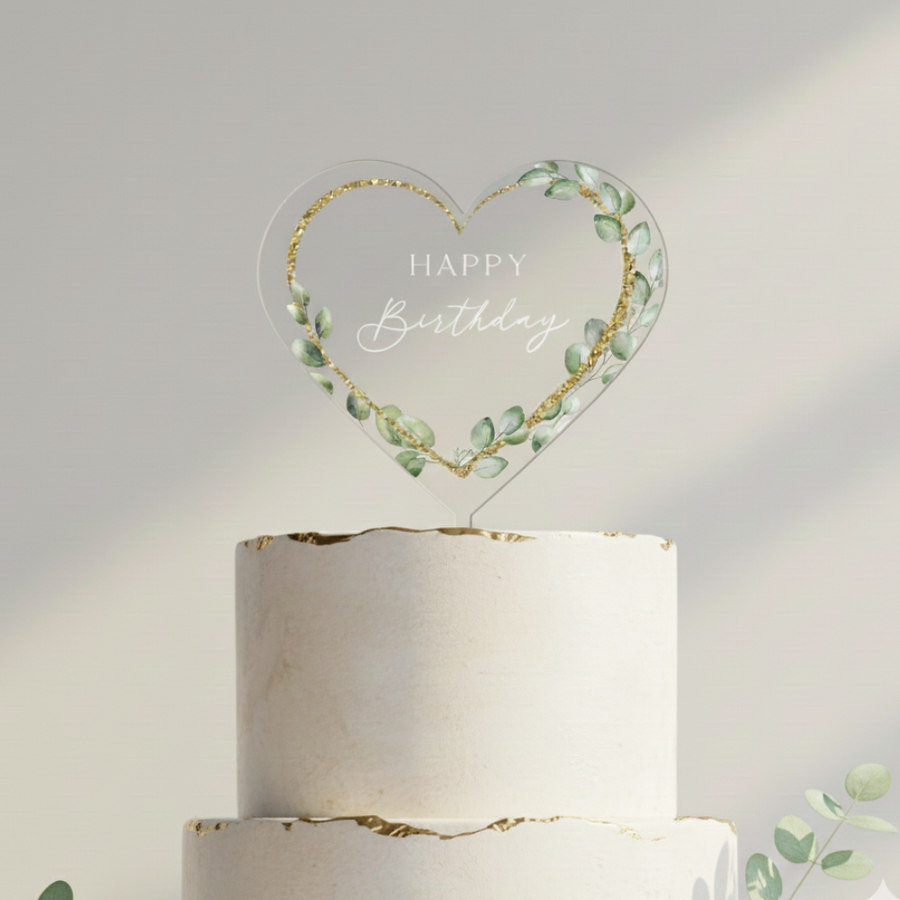 Heart-shaped Floral Happy Birthday Cake Topper | Green Flower Design ...